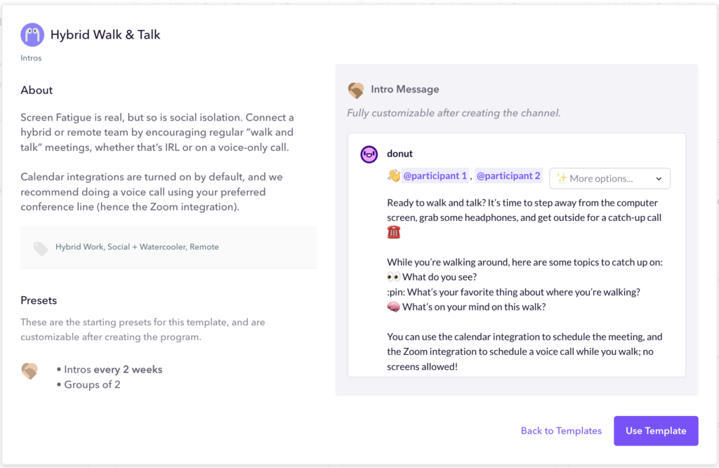 Hybrid Team Walk & Talk | Slack Channel Templates by Donut