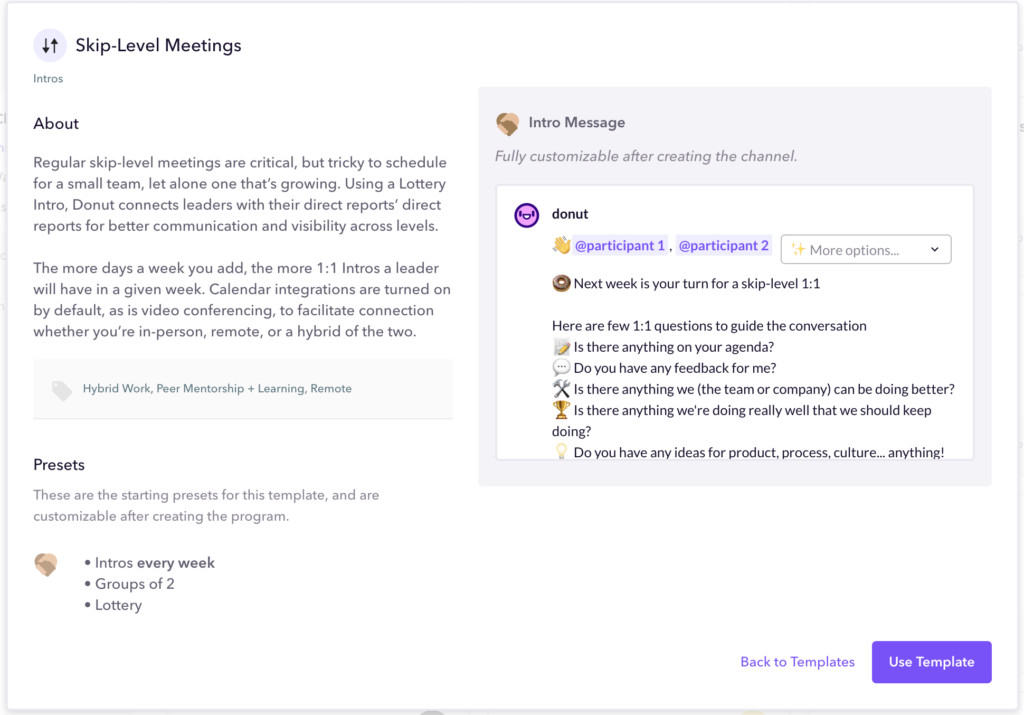 Skip-Level Meetings | Slack Channel Templates by Donut